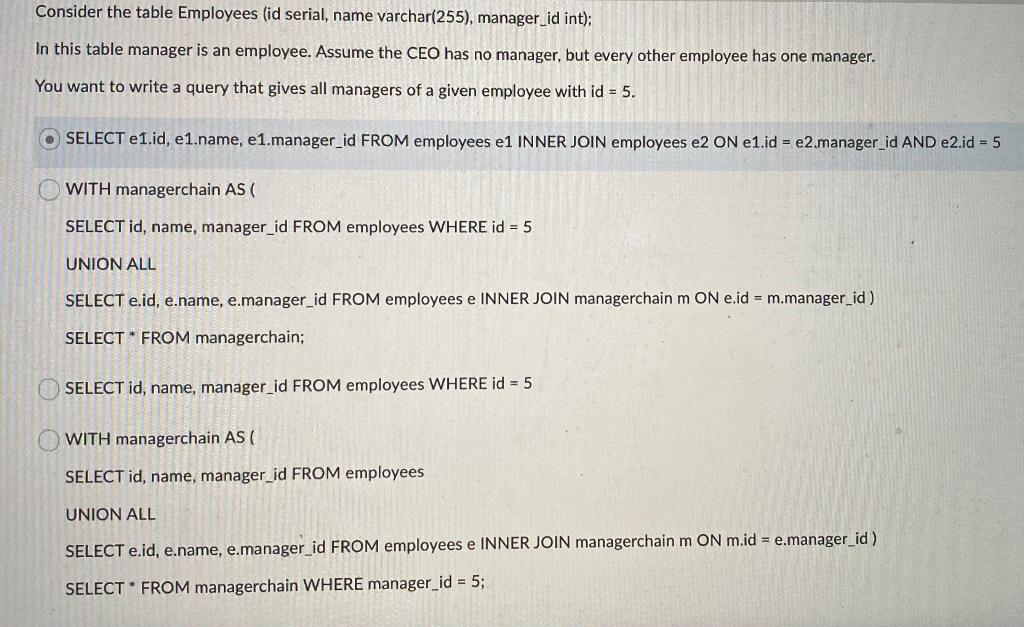Solved Consider the table Employees (id serial, name | Chegg.com