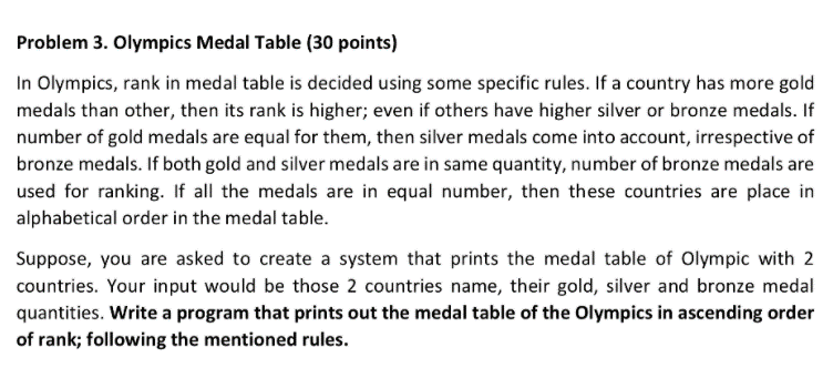 Solved Problem 3. Olympics Medal Table (30 points) In | Chegg.com