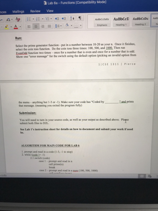 Solved Lab 6a-Functions (Compatibility Mode] ferences | Chegg.com