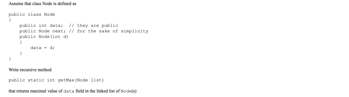 Solved Assume that class Node is defined as public class | Chegg.com