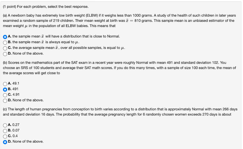 Solved (1 point) For each problem, select the best response. | Chegg.com