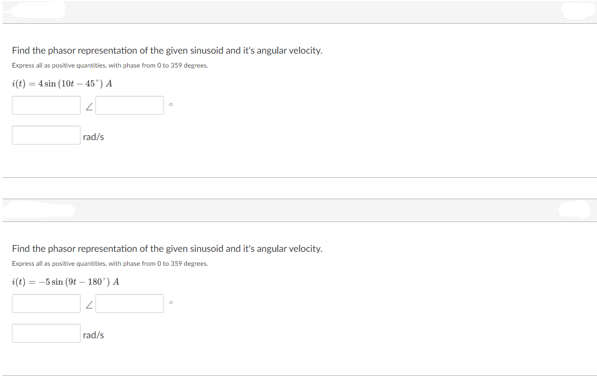 Solved Find the phasor representation of the given sinusoid | Chegg.com