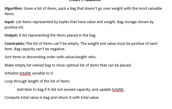 Solved Algorithm: Given a list of items, pack a bag that | Chegg.com