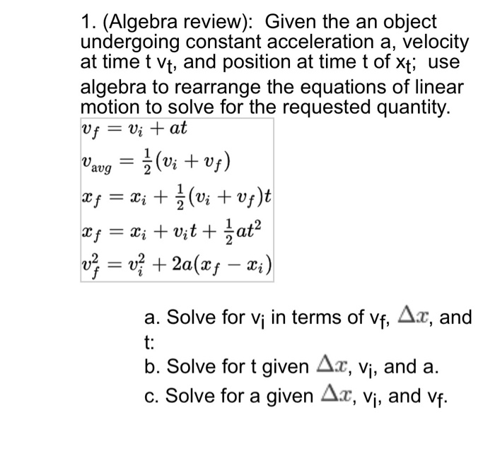 Solved 1. (Algebra review): Given the an object undergoing | Chegg.com