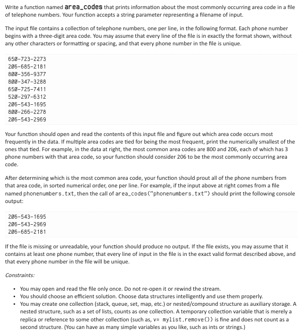 Solved Write a function named area_codes that prints | Chegg.com