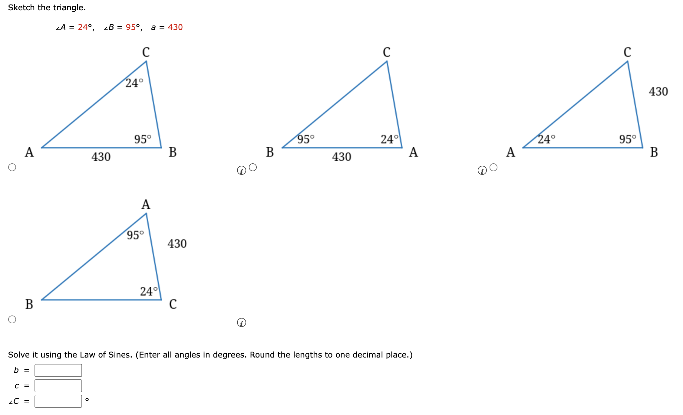 Solved Solve it using the Law of Sines. (Enter all angles in | Chegg.com