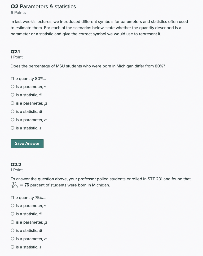 Solved Q2 Parameters & statistics 6 Points In last week's | Chegg.com