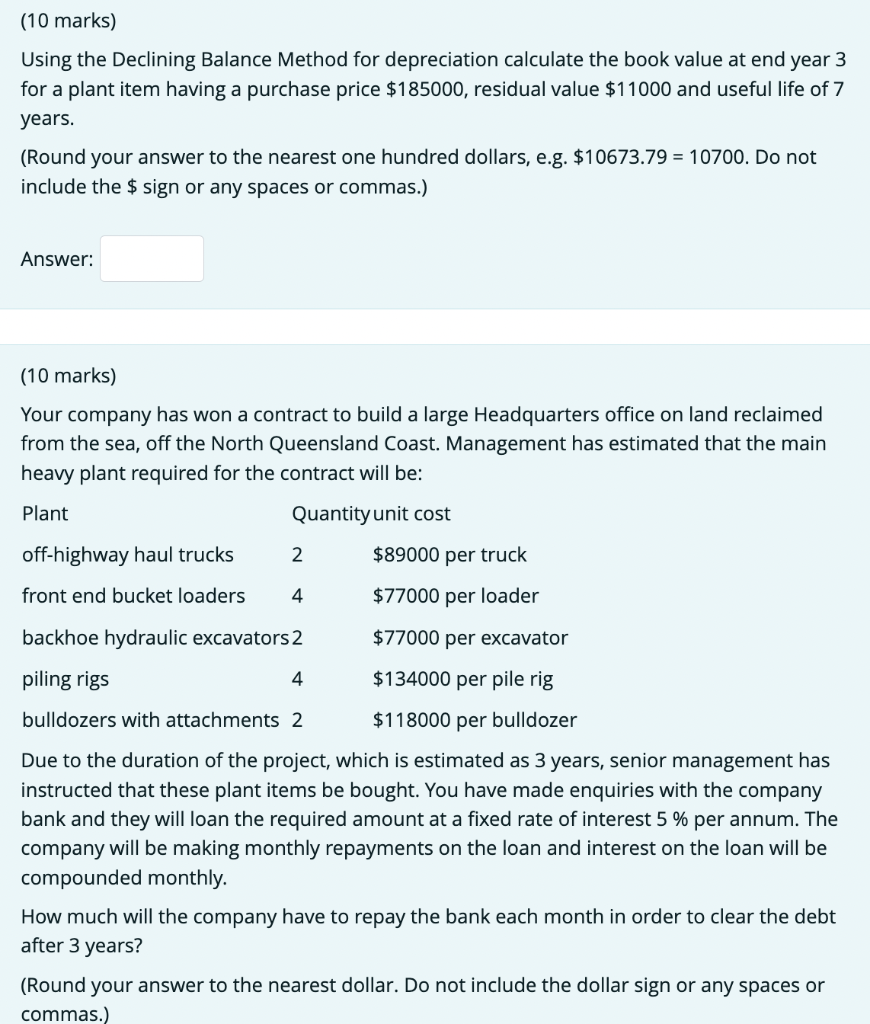 Solved (10 marks) Using the Declining Balance Method for | Chegg.com