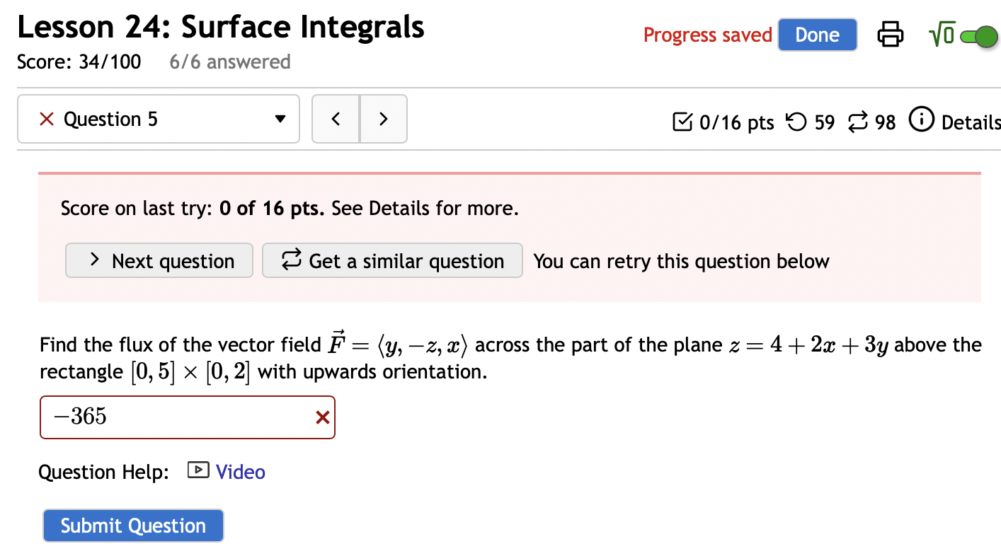 Solved Lesson 24: Surface Integrals Progress saved 0 Score: | Chegg.com
