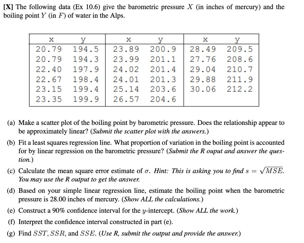 Solved [X] The following data (Ex 10.6) give the barometric | Chegg.com