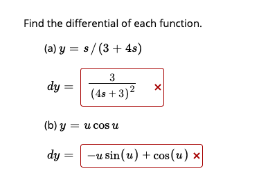 Solved Find the differential of each function. (a) y = 8/(3 | Chegg.com