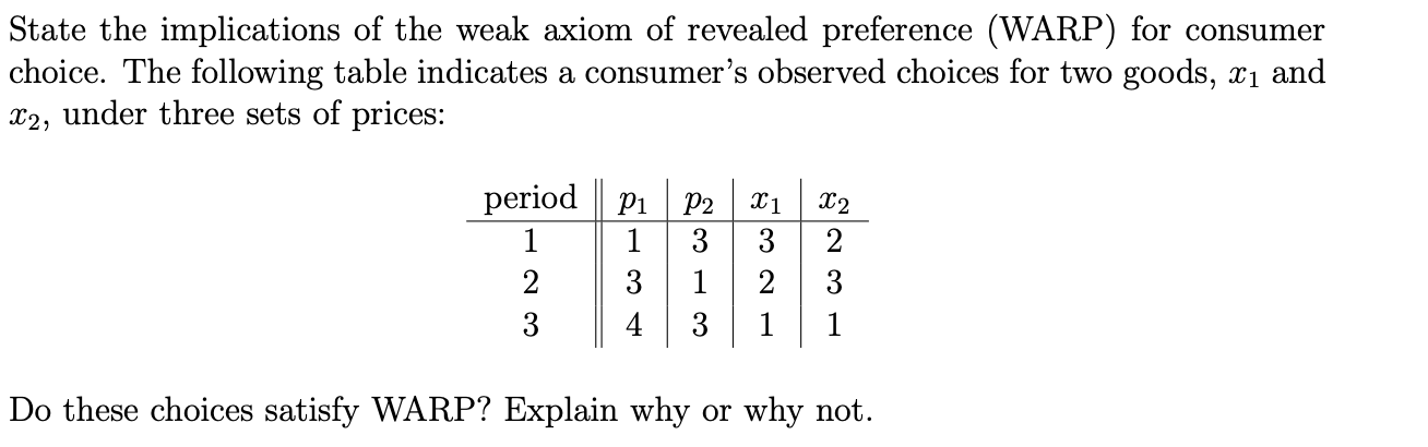 Solved State the implications of the weak axiom of revealed | Chegg.com