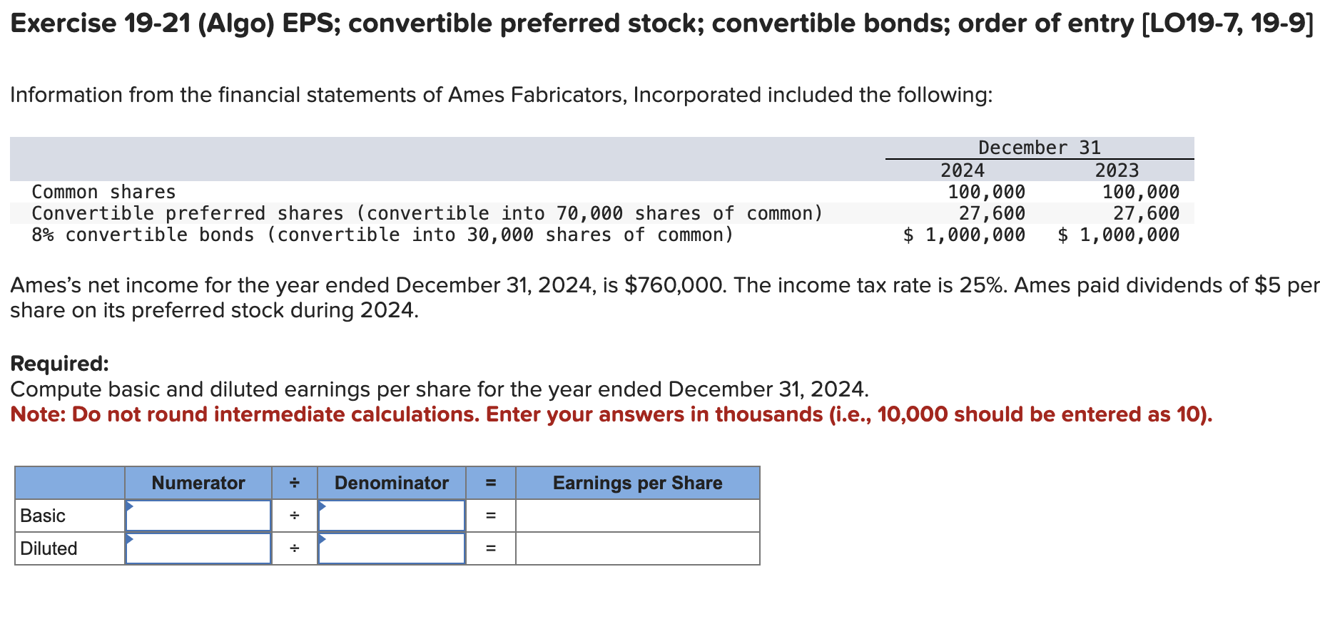 Solved Exercise 19-21 (Algo) EPS; convertible preferred | Chegg.com