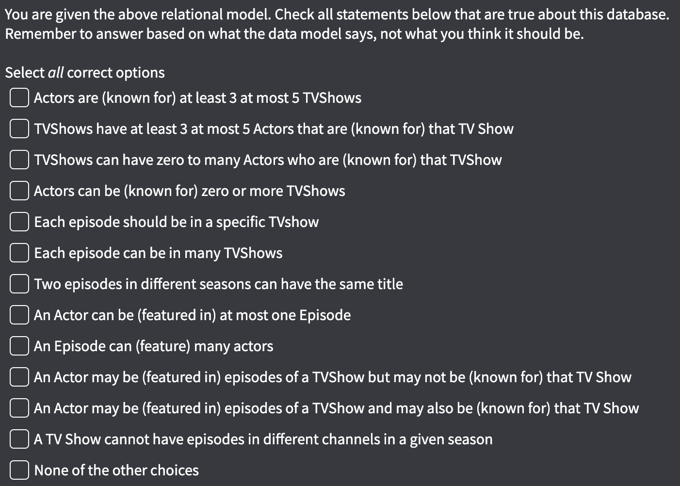 Solved You are given the above relational model. Check all | Chegg.com