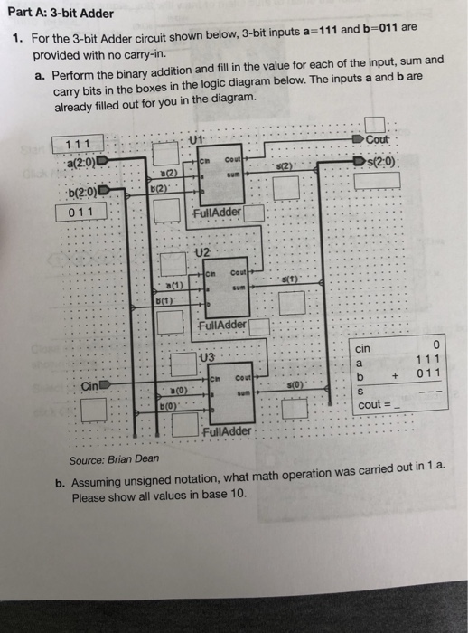 Solved Part A: 3-bit Adder 1. For the 3-bit Adder circuit | Chegg.com
