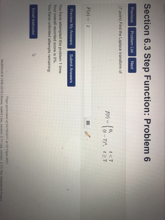 Solved Section 6.3 Step Function: Problem 6 Previous Problem | Chegg.com Solved Section 6.3 Step Function: Problem 6 Previous Problem | Chegg.com