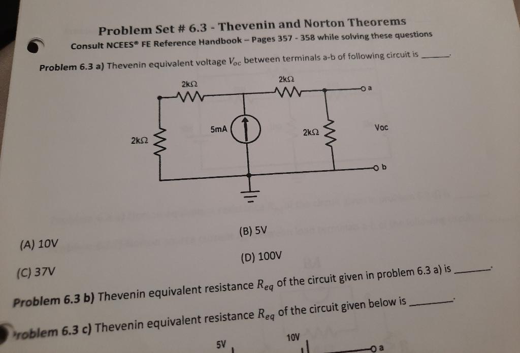 Solved Problem Set # 6.3 - Thevenin and Norton Theorems | Chegg.com