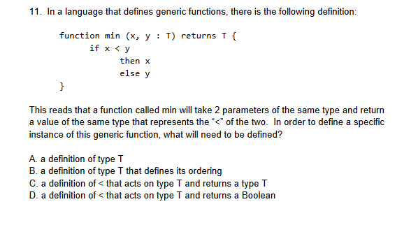 Solved 11. In a language that defines generic functions, | Chegg.com
