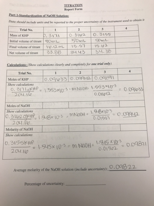 Solved TITRATION Report Form Part 1 Standardization of NaOH | Chegg.com Solved TITRATION Report Form Part 1 Standardization of NaOH | Chegg.com