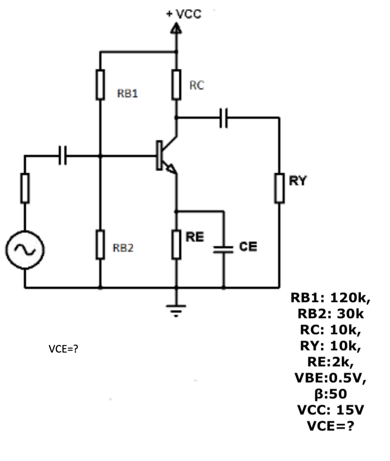 Solved + VCC RC RB1 RY RE RB2 CE VCE=? RB1: 120k, RB2: 30k | Chegg.com