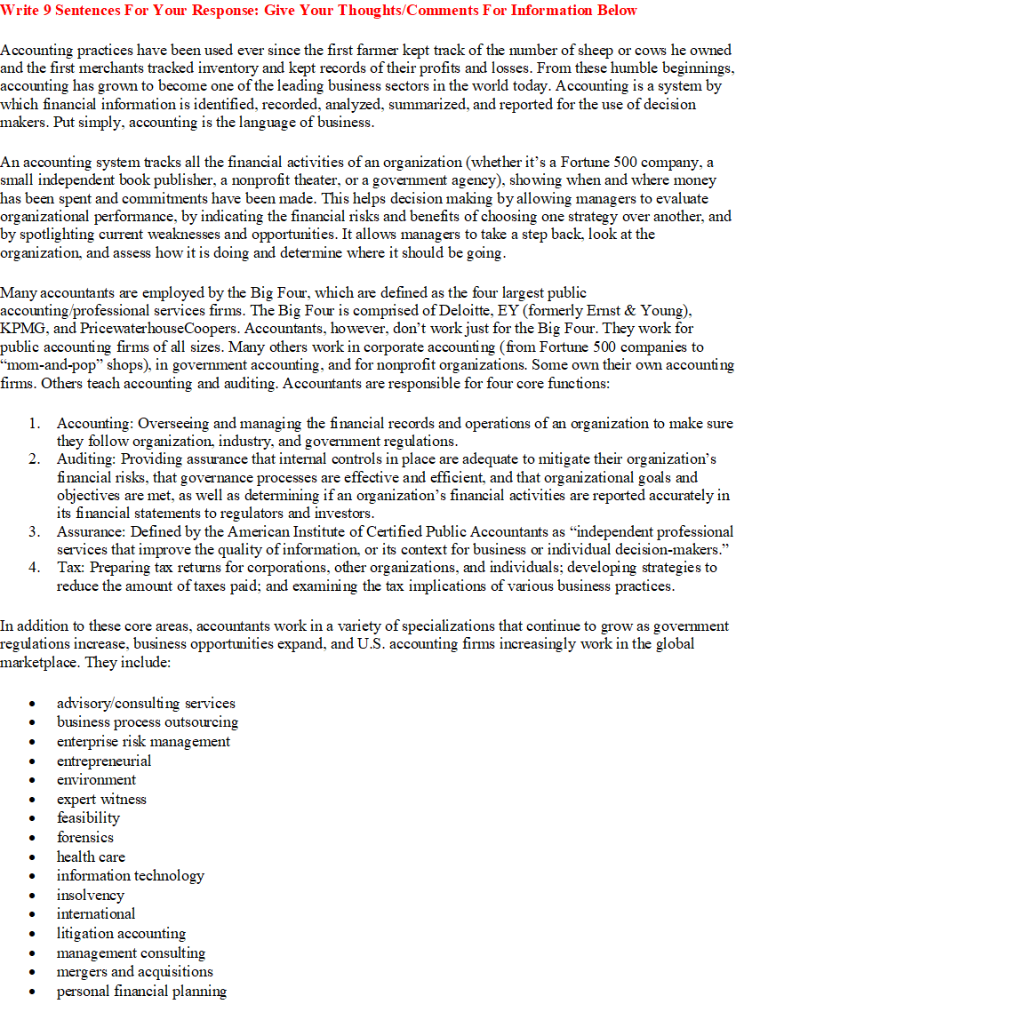 Solved Write 9 Sentences For Your Response: Give Your | Chegg.com