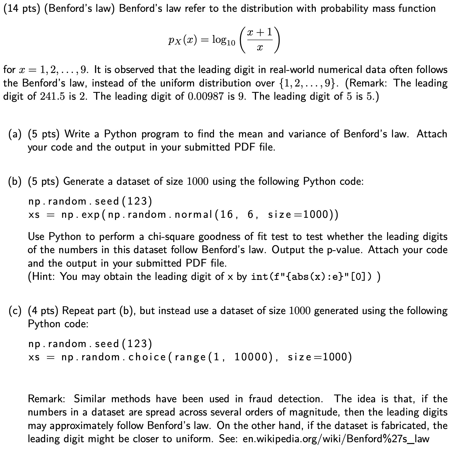 Solved (14 pts) (Benford's law) Benford's law refer to the | Chegg.com