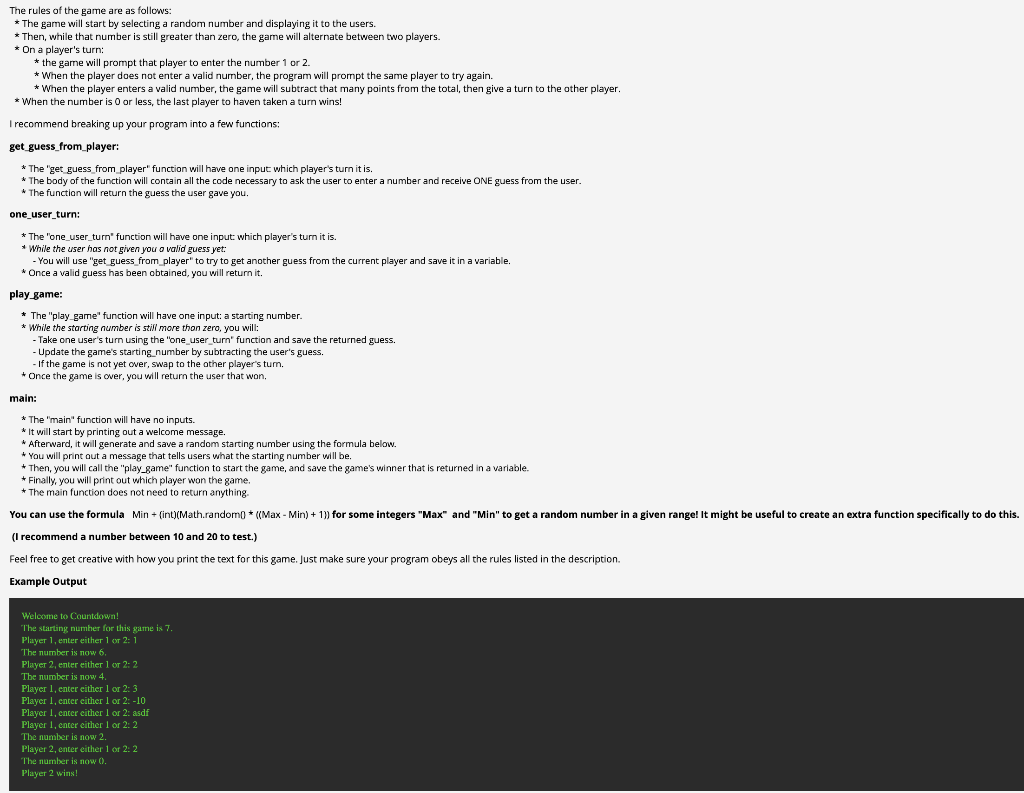 Solved The rules of the game are as follows: * The game will | Chegg.com