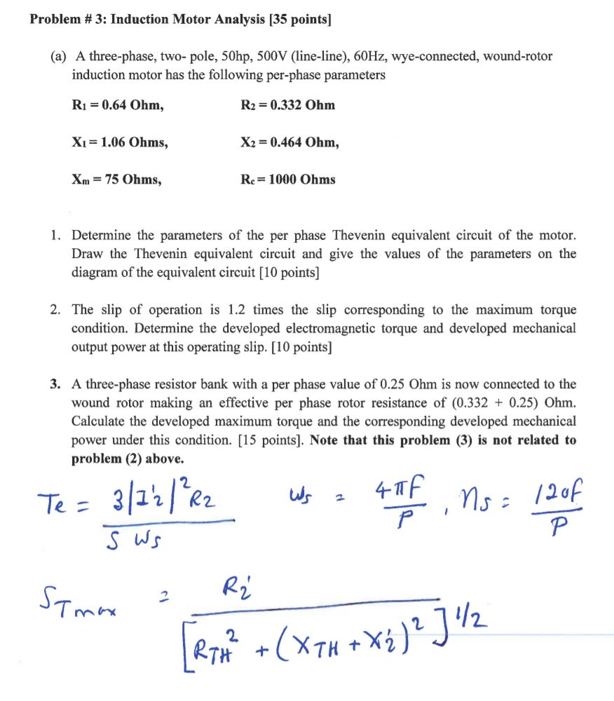 Solved Problem #3: Induction Motor Analysis (35 points) (a) | Chegg.com