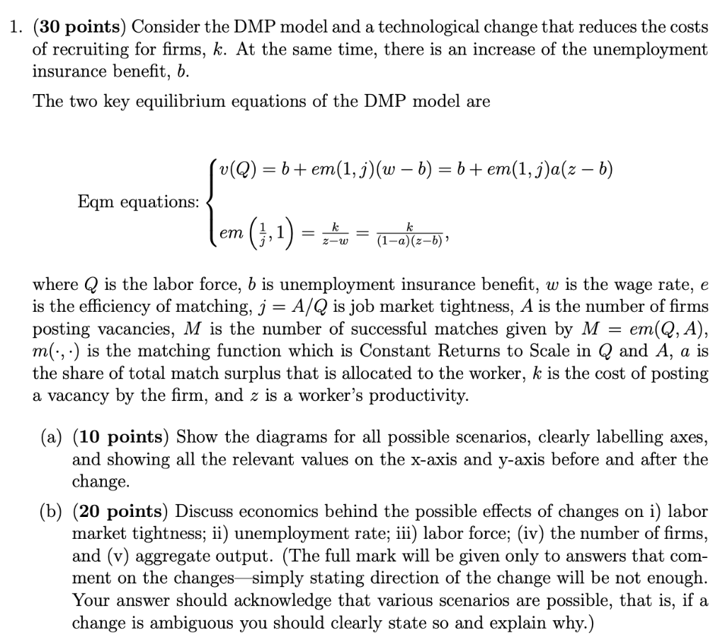 Solved 1. (30 points) Consider the DMP model and a | Chegg.com