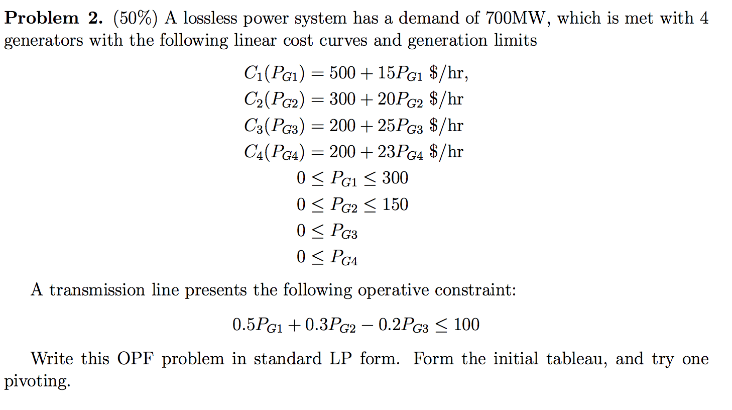 Solved Problem 2. (50%) A lossless power system has a demand | Chegg.com