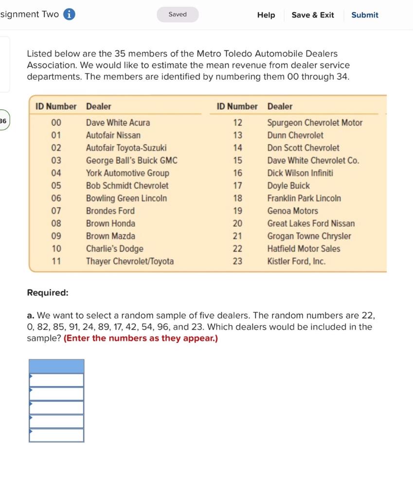 Solved signment Two Saved Help Save & Exit Submit Listed | Chegg.com