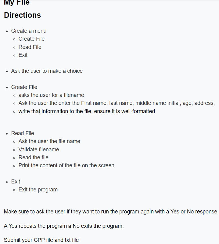 Solved Directions Create A Menu Create File Read File 4738