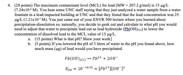 Solved 4. (20 points) The maximum contaminant level (MCL) | Chegg.com