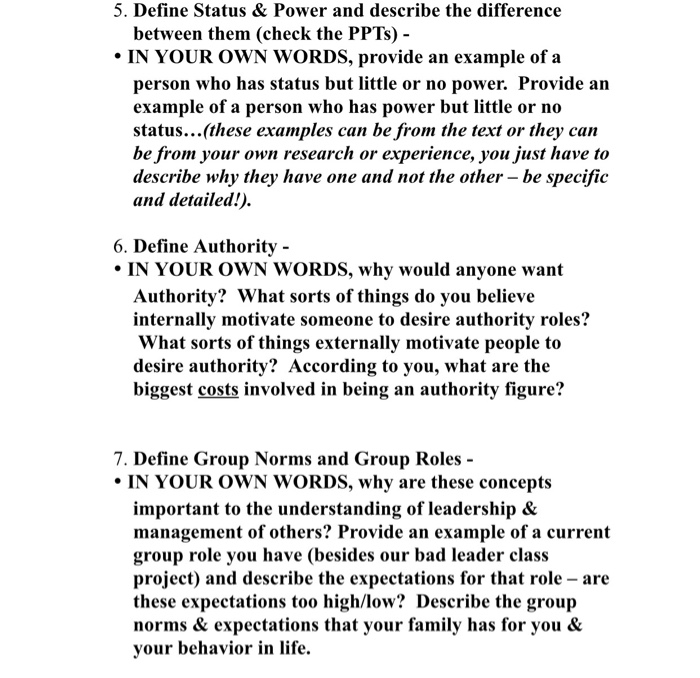 5. Define Status & Power and describe the difference | Chegg.com