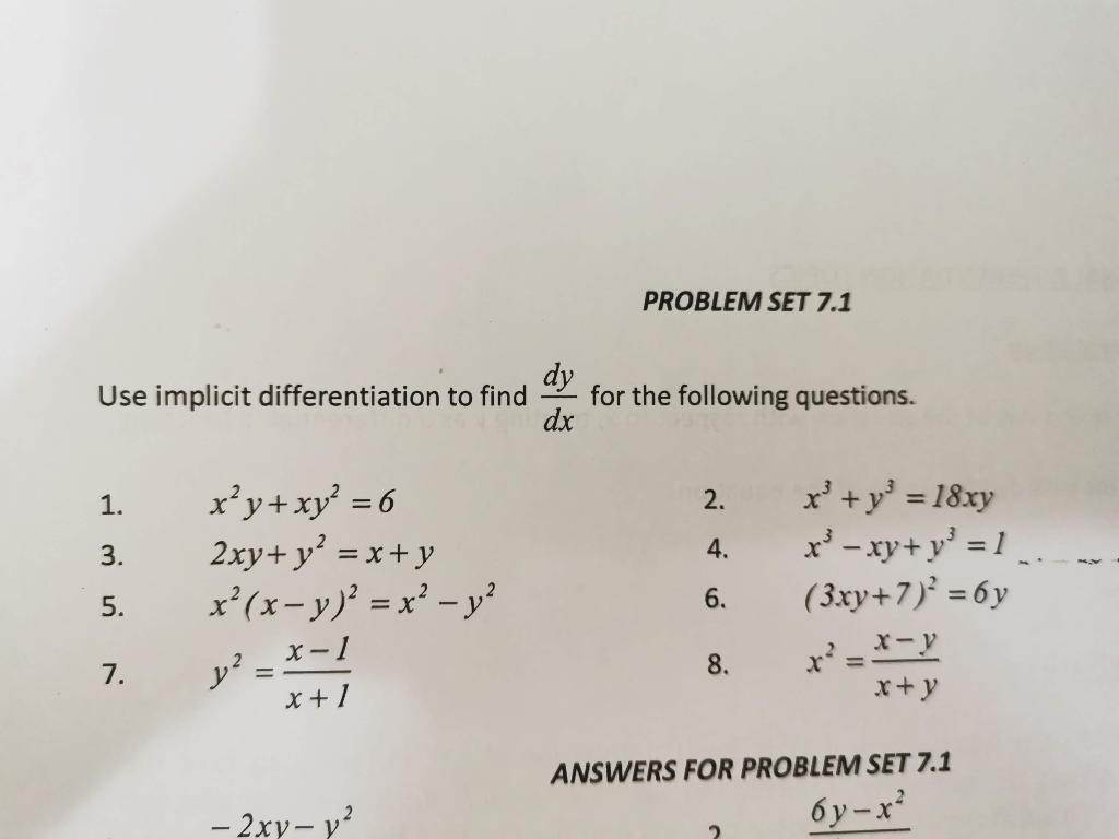 Solved PROBLEM SET 7.1 Use implicit differentiation to find | Chegg.com