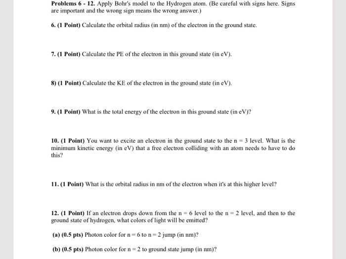 Solved Problems 6-12. Apply Bohr's model to the Hydrogen | Chegg.com
