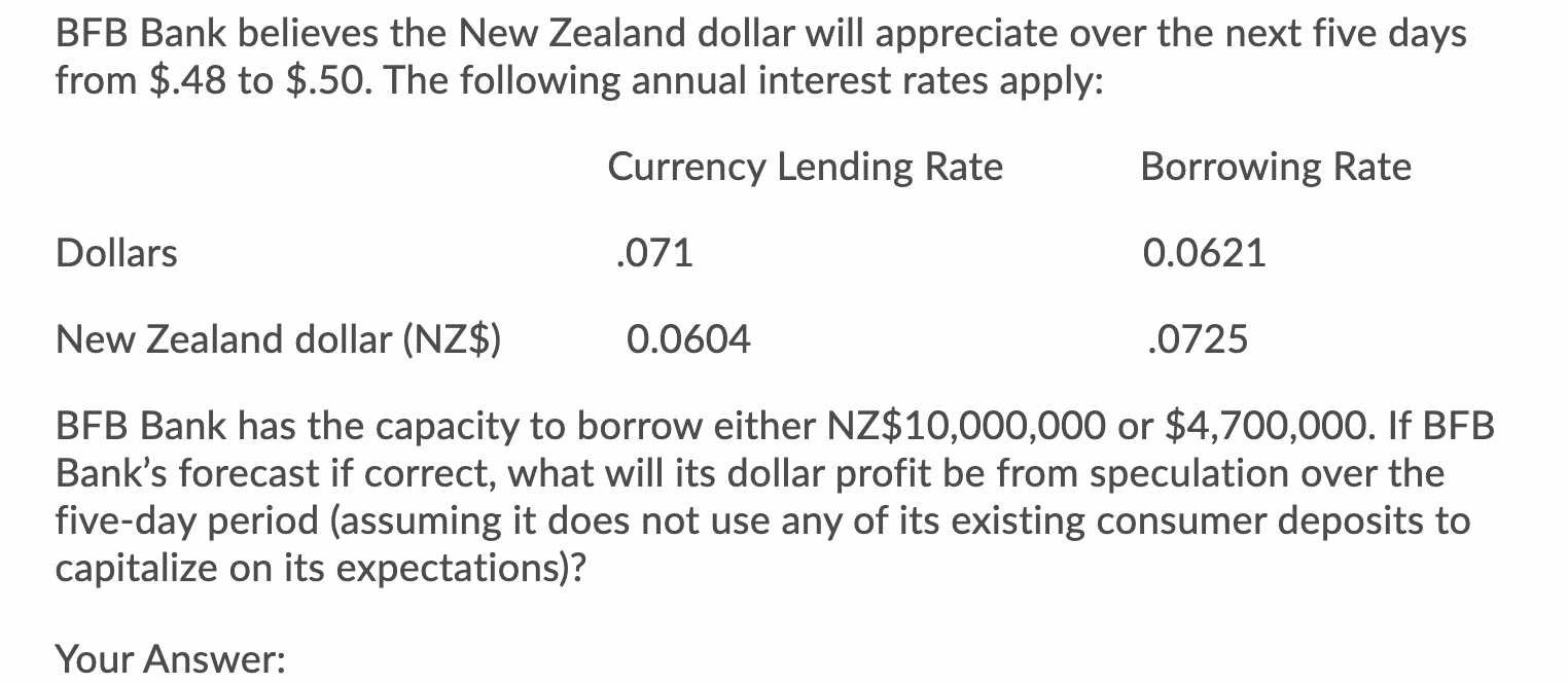 Solved BFB Bank believes the New Zealand dollar will | Chegg.com