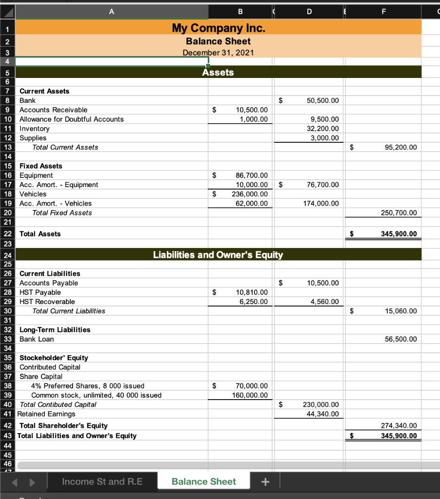 Solved A B ( D My Company Inc. Income Statement For the Year | Chegg.com