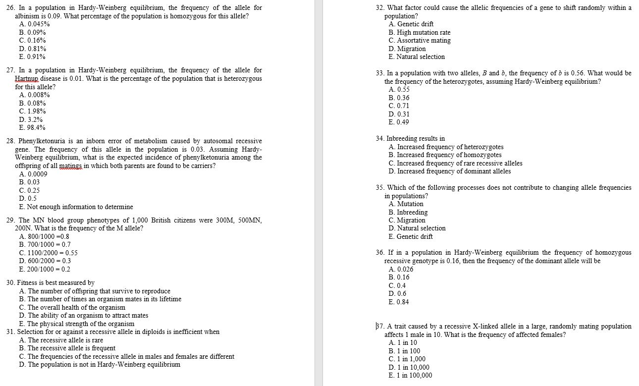 Solved 26. In a population in Hardy-Weinberg equilibrium, | Chegg.com