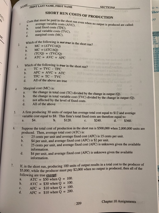 Solved NAME PRINT LAST NAME, FIRST NAME SECTION SHORT RUN | Chegg.com