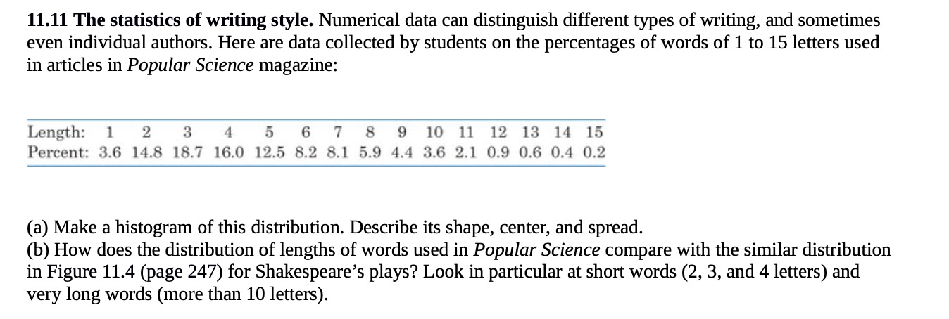 Solved 11.11 The statistics of writing style. Numerical data | Chegg.com