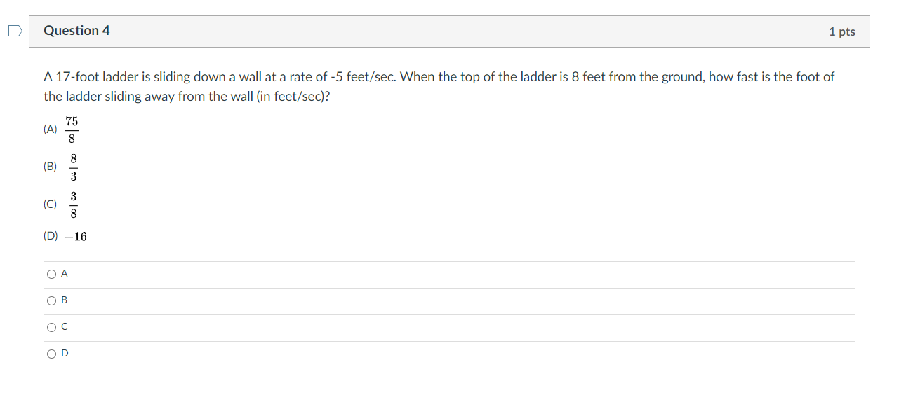 Solved Question 4 1 pts A 17-foot ladder is sliding down a | Chegg.com