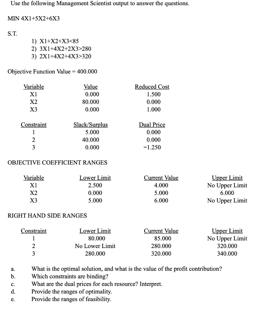 Solved Use the following Management Scientist output to | Chegg.com