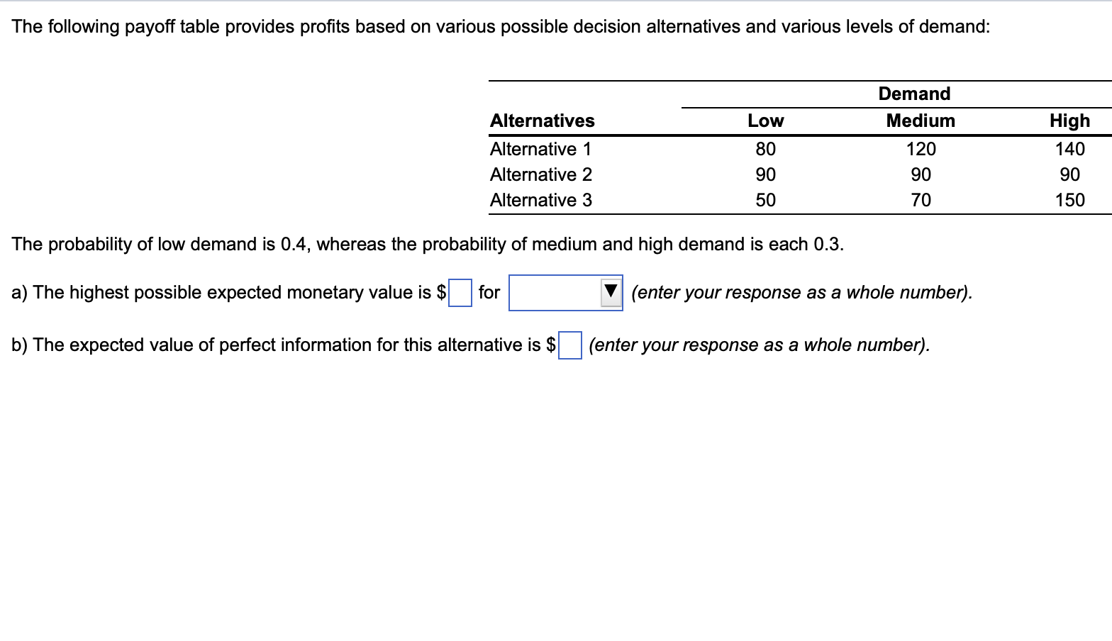 Solved The following payoff table provides profits based on | Chegg.com