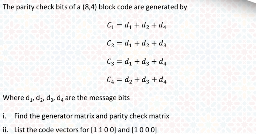 Solved The parity check bits of a (8,4) block code are | Chegg.com