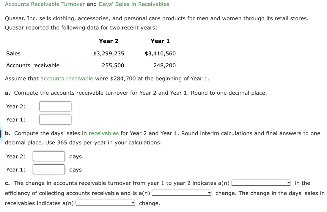 Accounts Receivable Turnover and Days' Sales in | Chegg.com