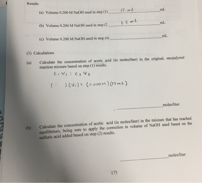 Solved Results (a) Volume 0.200 M NaOH used in step (1) 17 m | Chegg.com