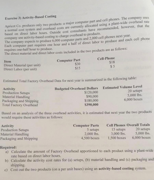 Solved Exercise 3) Activity-Based Costing cost system and | Chegg.com
