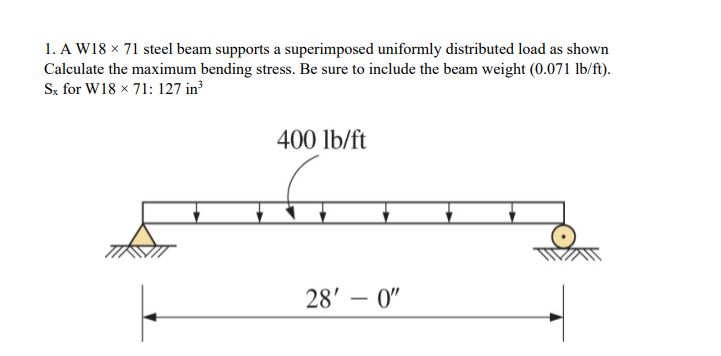 Solved 1. A W1 8×71 steel beam supports a superimposed | Chegg.com