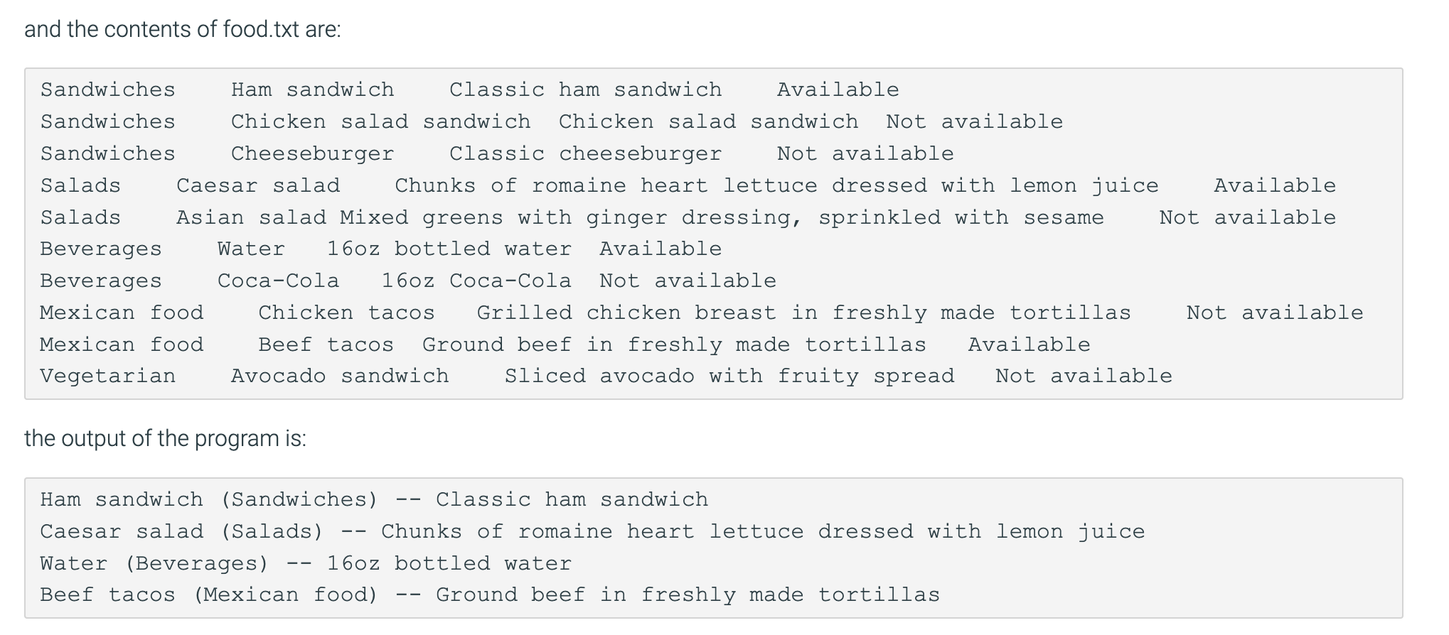 Solved Given a text file containing the availability of food | Chegg.com